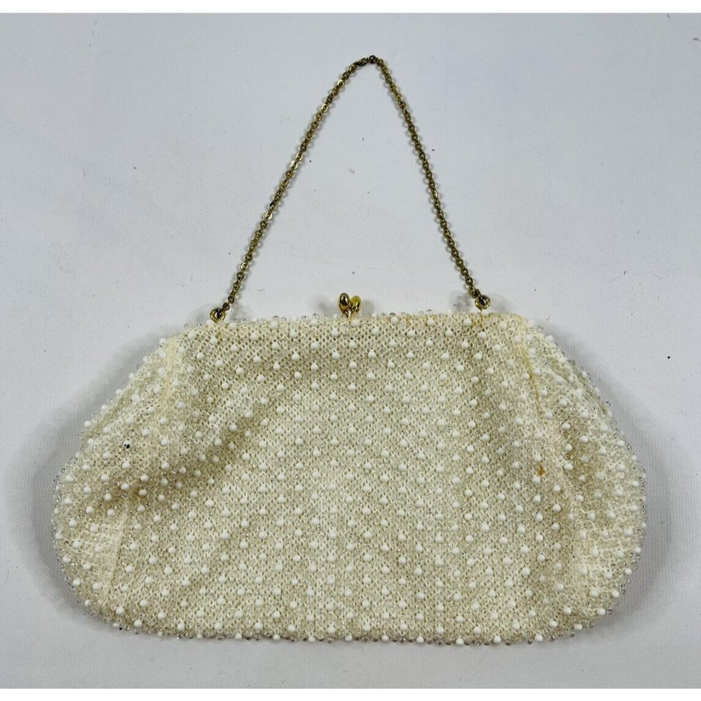Vintage Beaded Kiss Clasp Clam Shell Tote Purse On Ch… - Gem